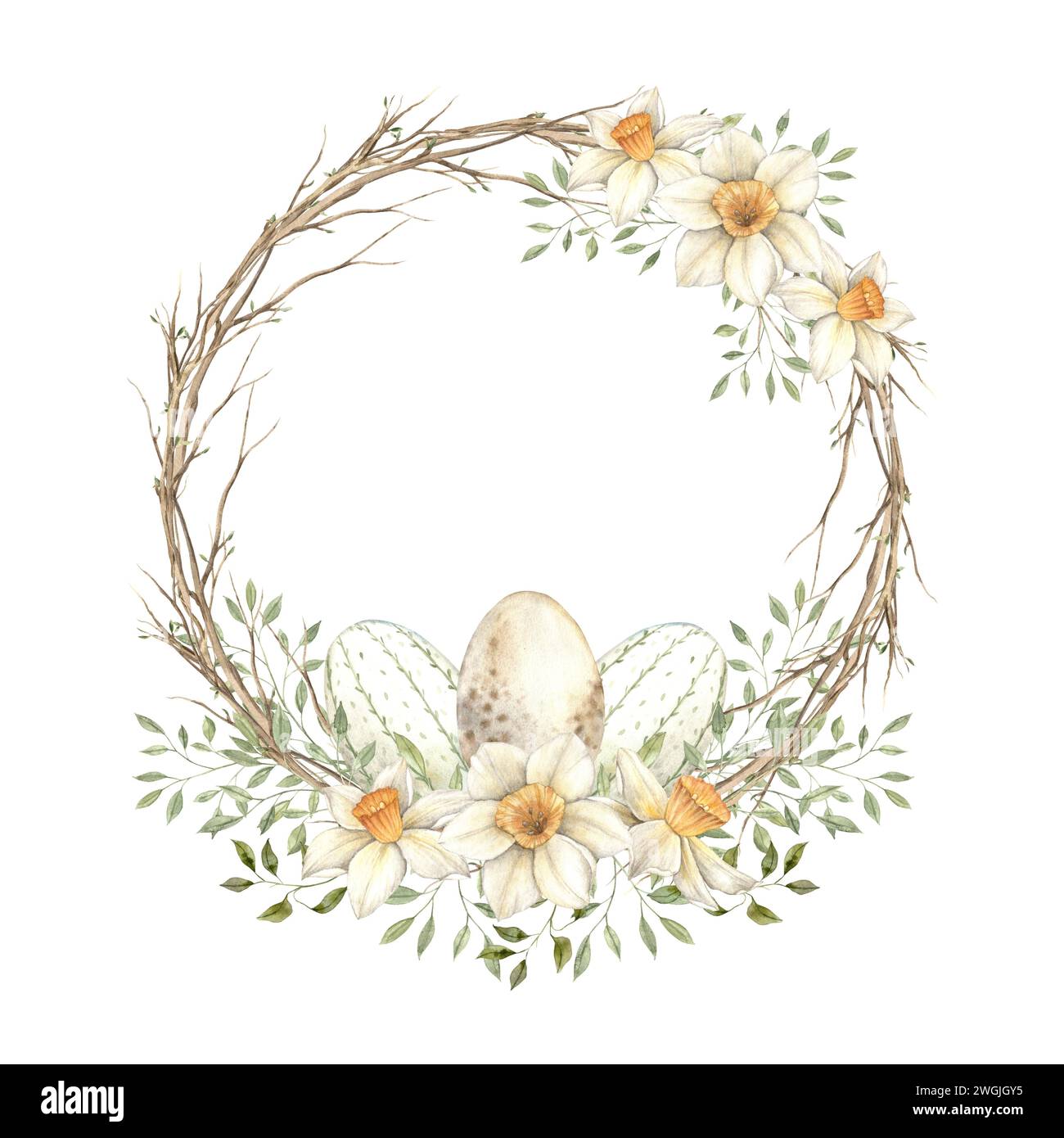 Watercolor Easter wreath of spring branches, with green leaves ...