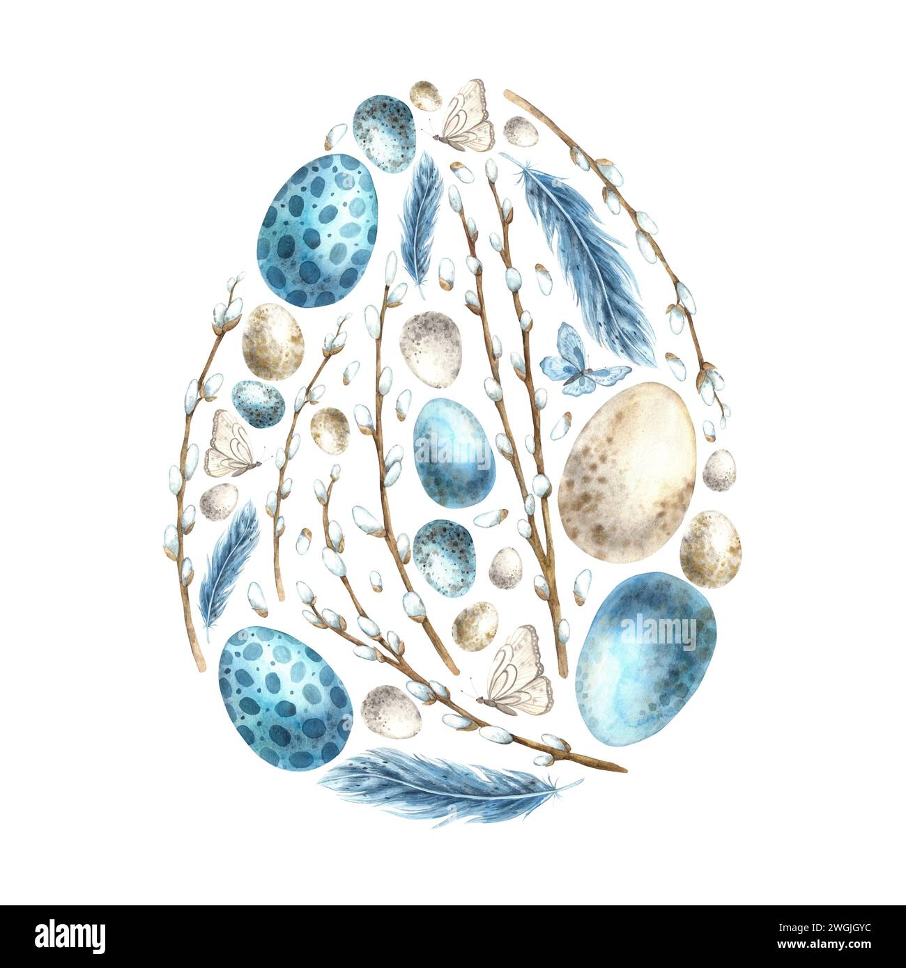 Watercolor composition in the form of an Easter egg in blue and white ...