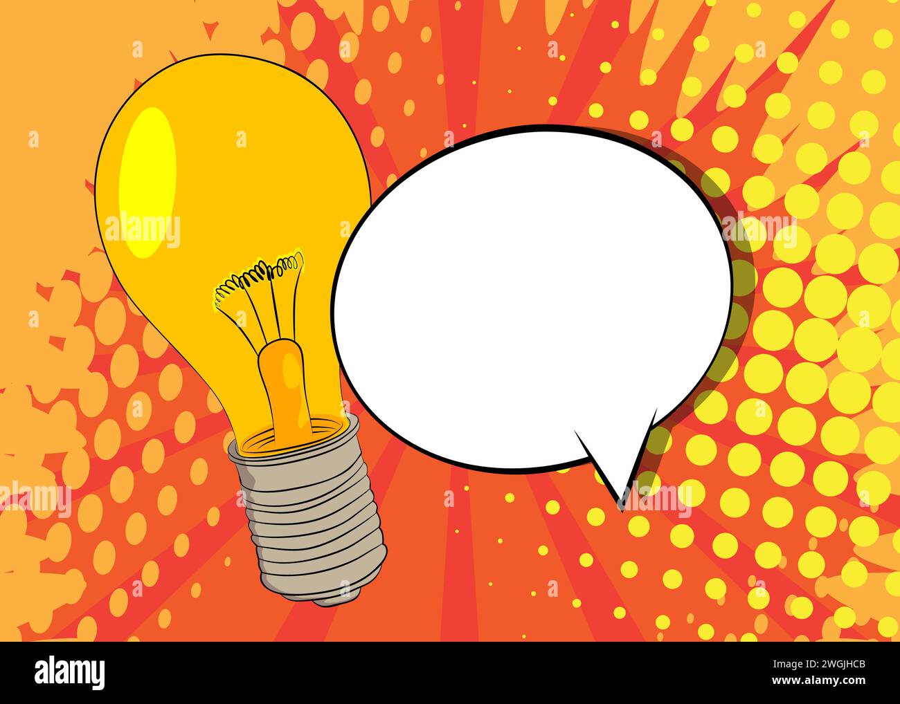 Cartoon Light Bulb with blank speech bubble, comic book Ideas background. Retro vector comics ...