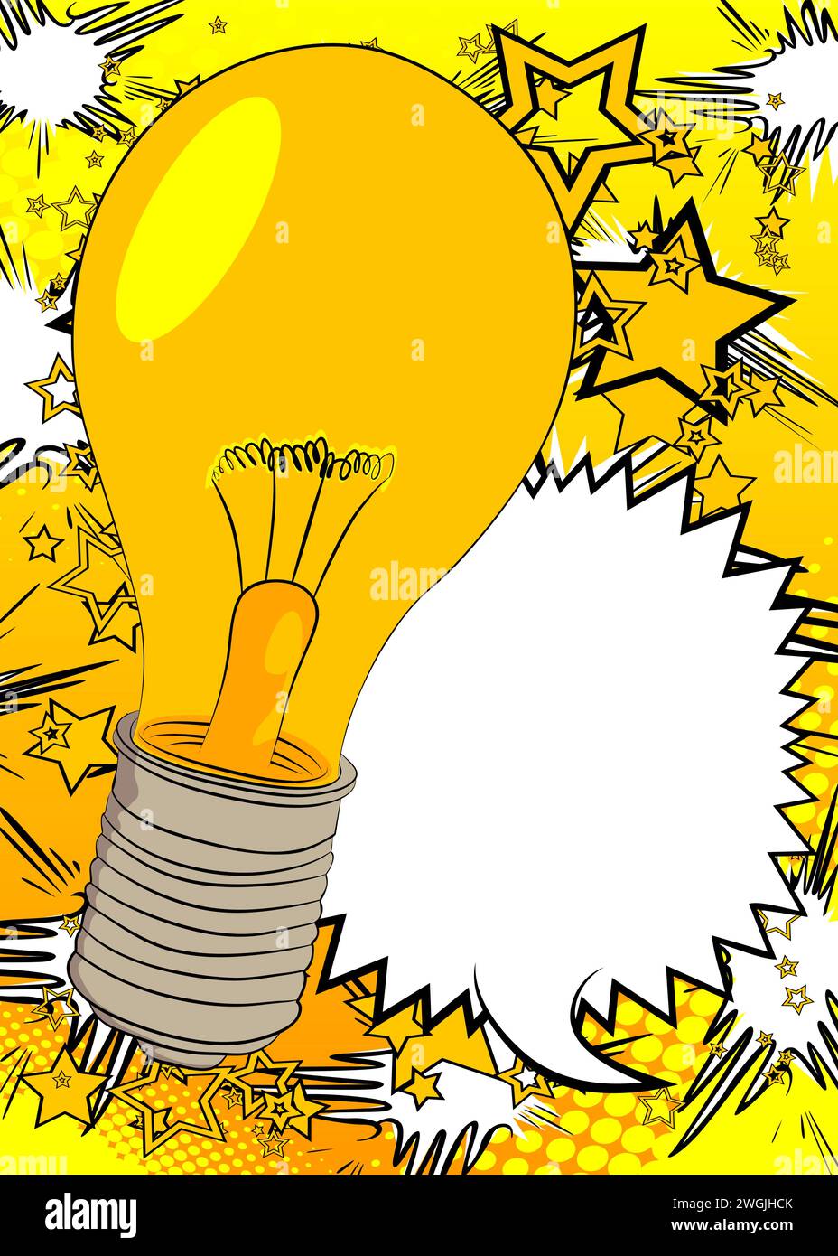 Cartoon Light Bulb with blank speech bubble, comic book Ideas background. Retro vector comics ...
