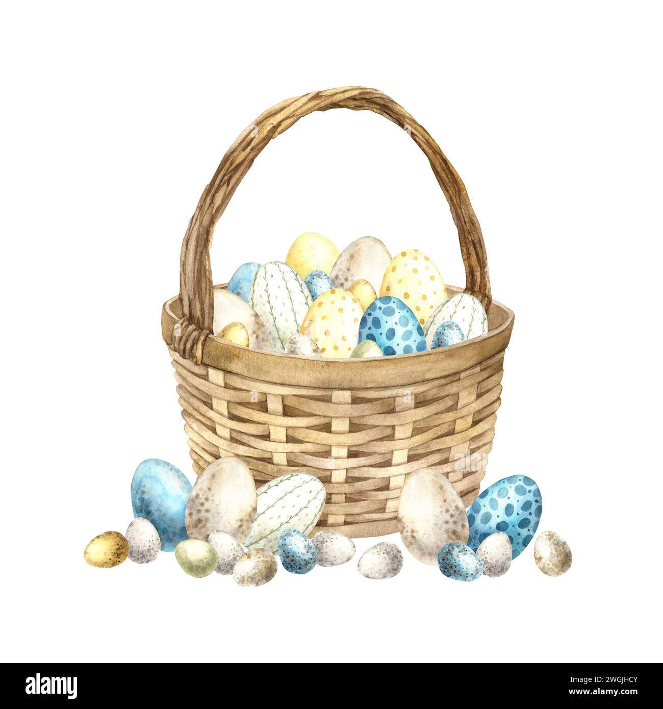 Watercolor Easter wicker brown basket with beautiful multi-colored ...