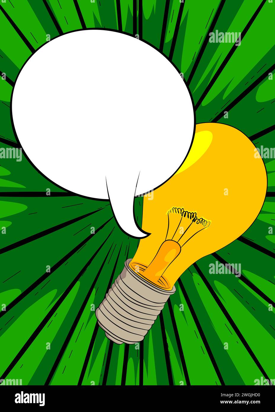 Cartoon Light Bulb with blank speech bubble, comic book Ideas background. Retro vector comics ...