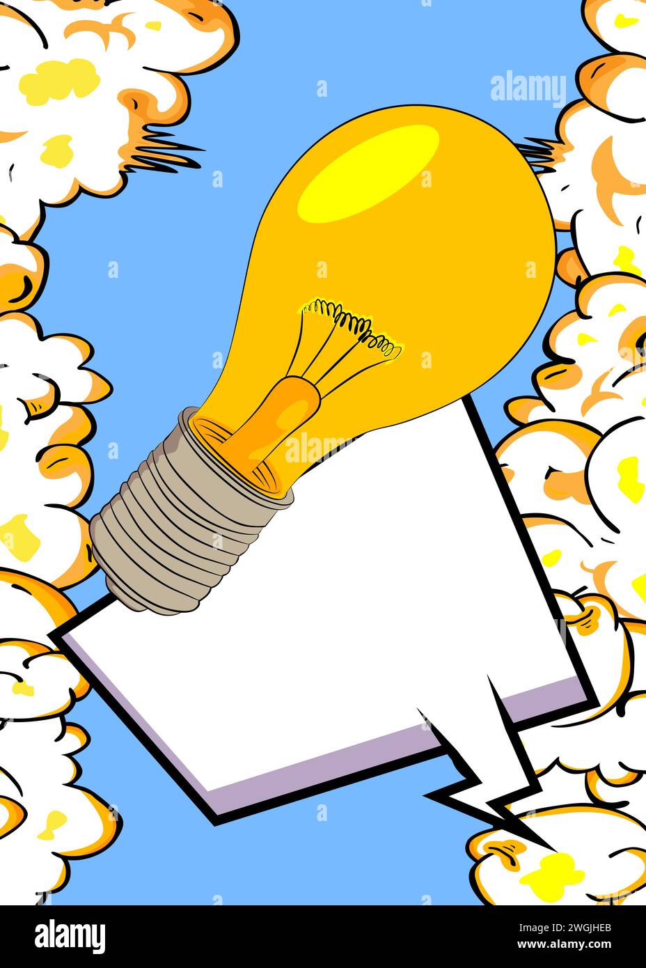 Cartoon Light Bulb with blank speech bubble, comic book Ideas background. Retro vector comics ...