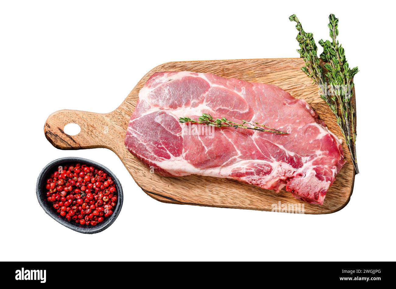 Raw marble pork steak on a wooden chopping Board. Organic meat ...