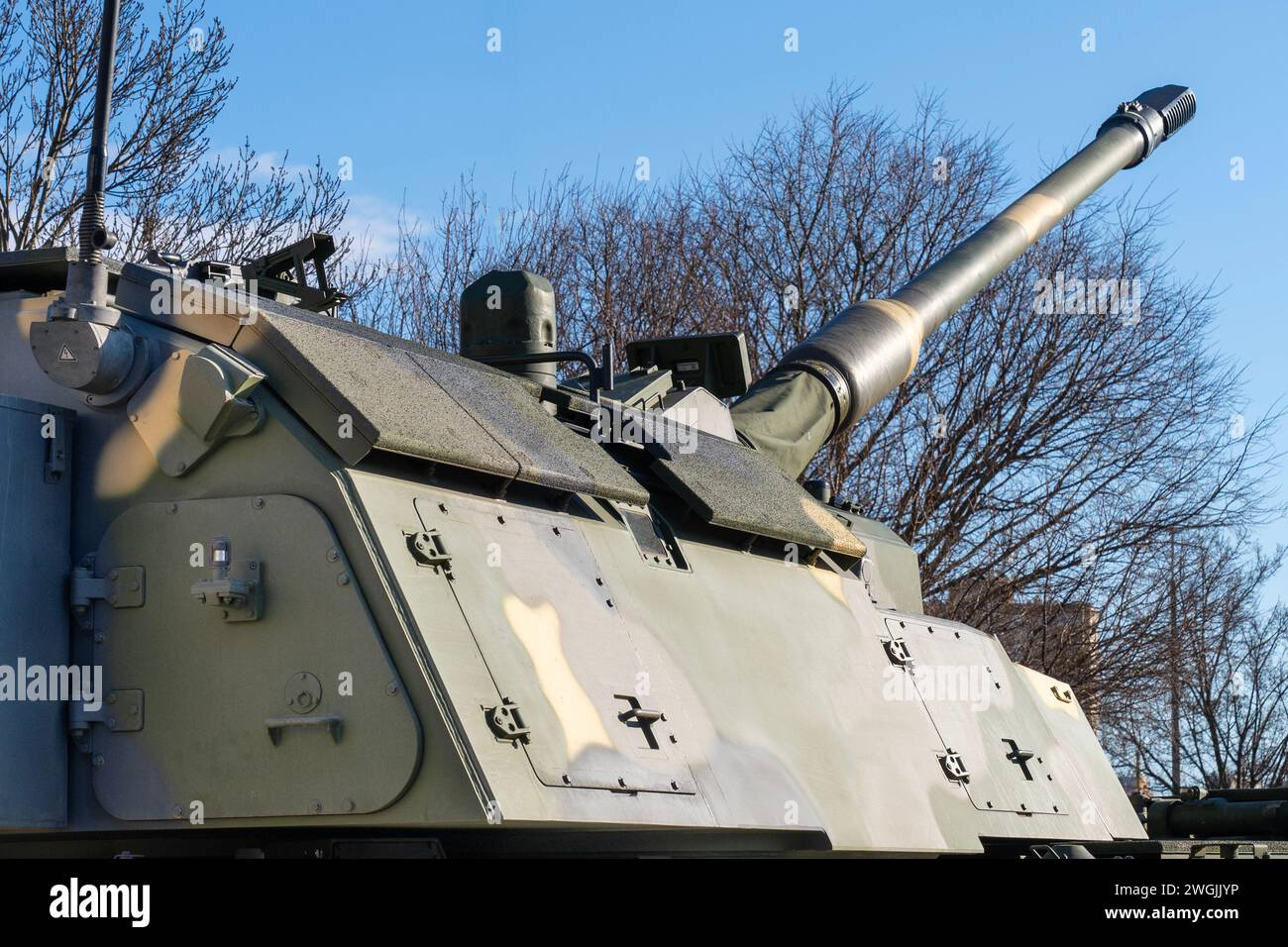 The modern Panzerhaubitze 2000 (PzH 2000) camouflage armored self-propelled howitzer with a 155 ...