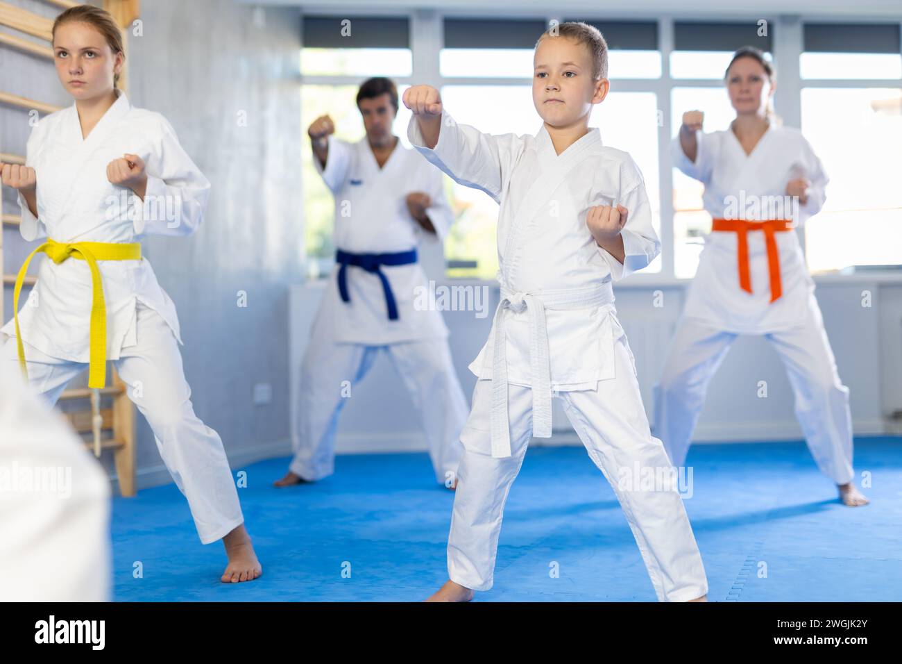 Kid boy and his family repeat movements and learn fighting techniques ...