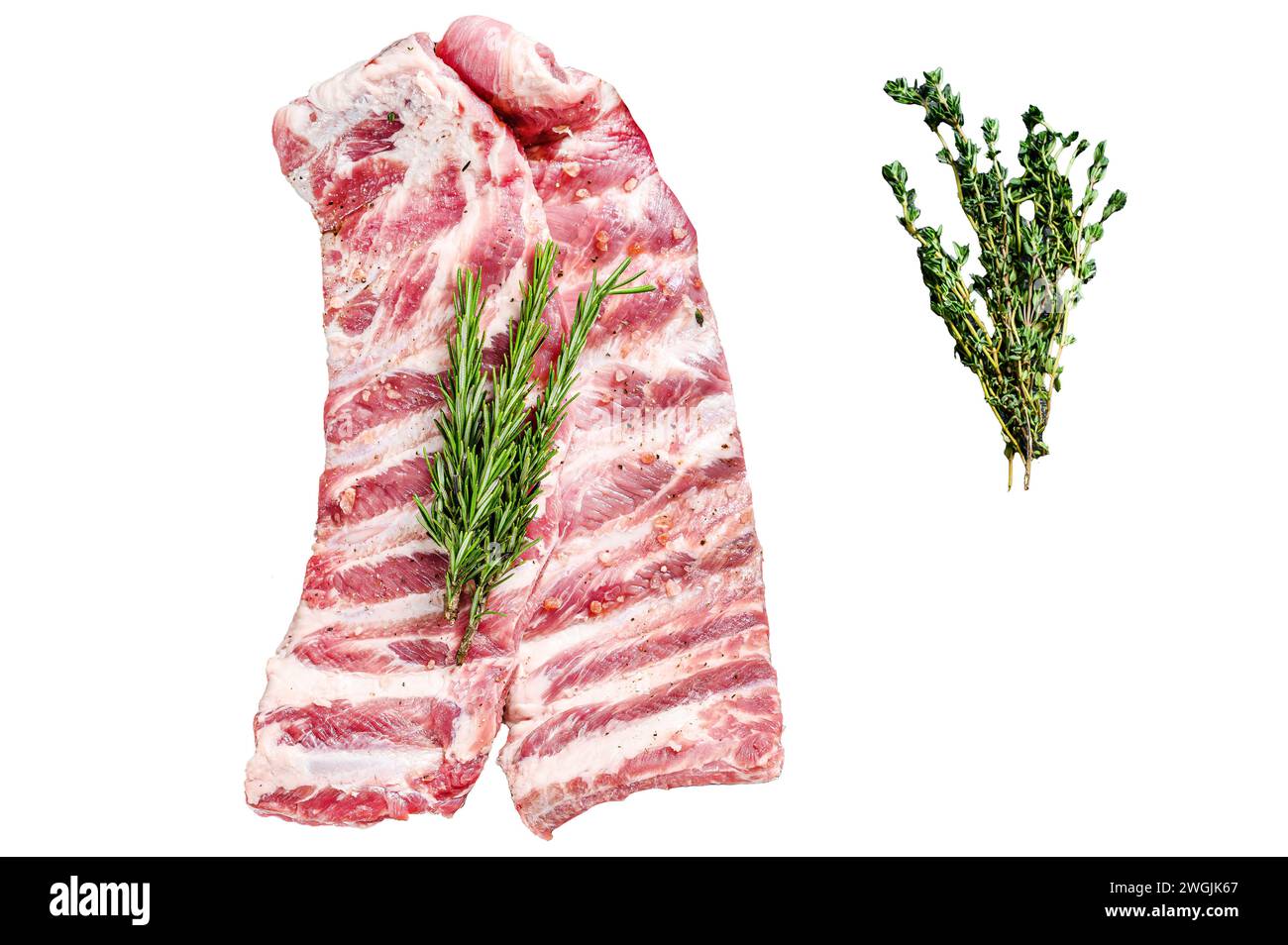 Rack of uncooked raw pork spare ribs seasoned with spices Isolated on ...