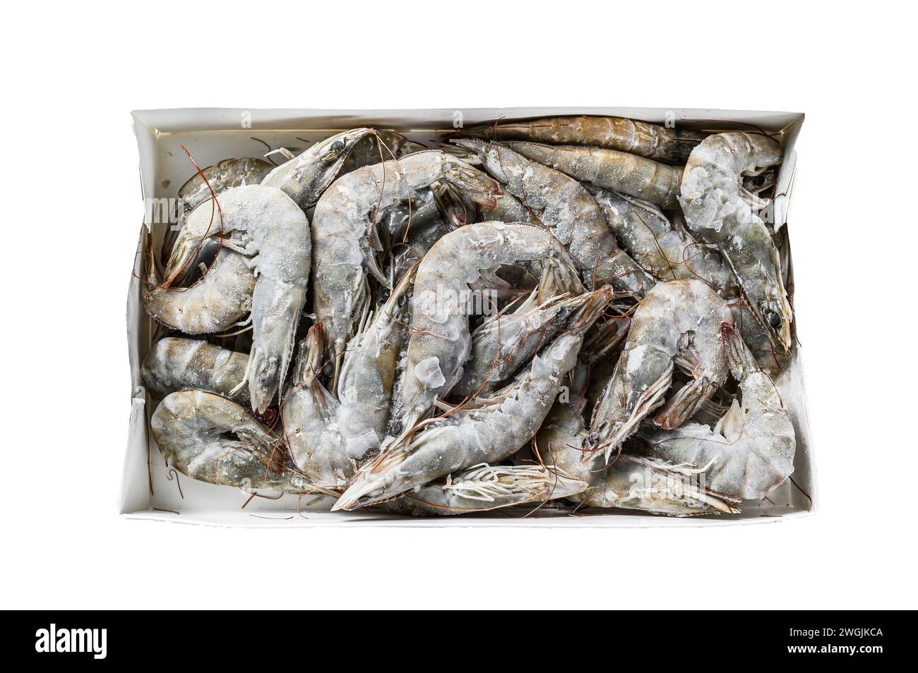Giant prawns, shrimps in retail pack. Isolated on white background. Top ...