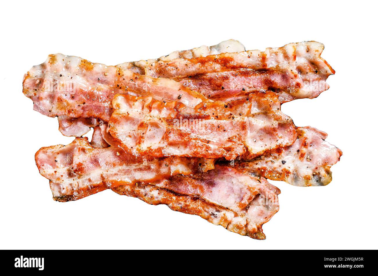Cooked sizzling hot tasty crispy bacon. Isolated on white background ...