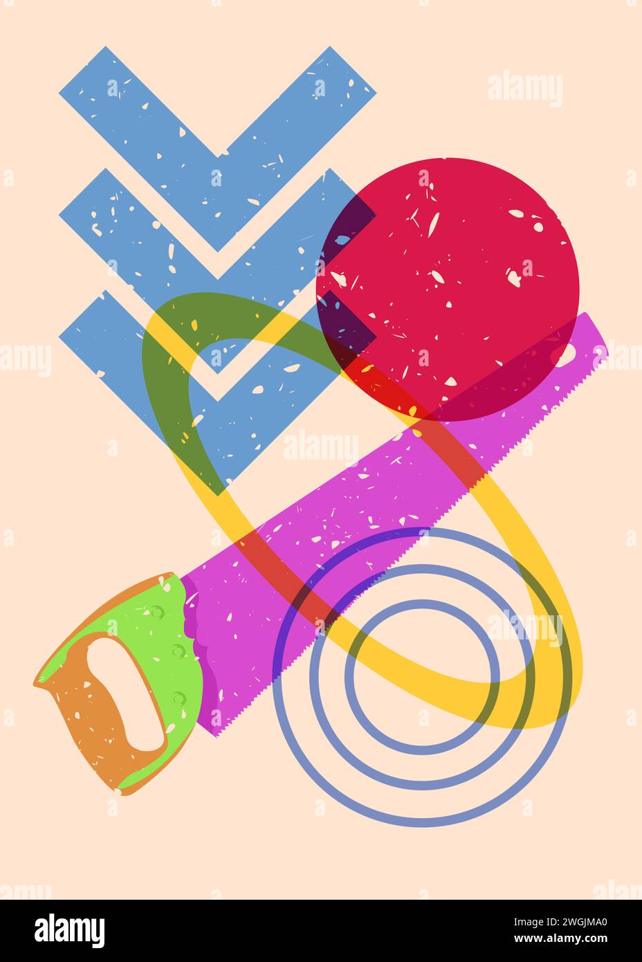 Risograph Hand Saw with geometric shapes. Objects in trendy riso graph ...