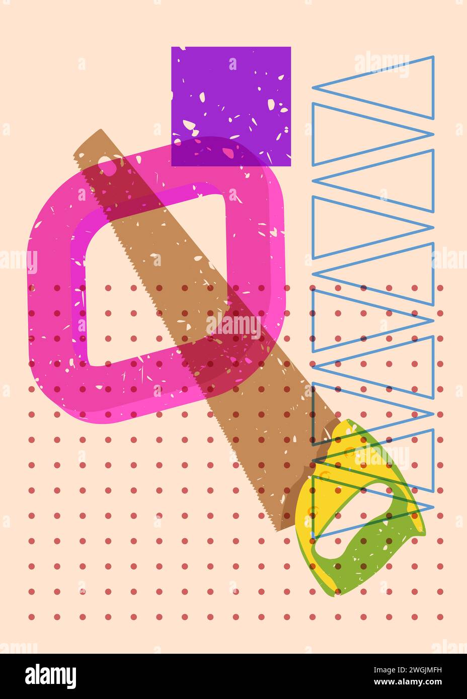 Risograph Hand Saw with geometric shapes. Objects in trendy riso graph print texture style ...
