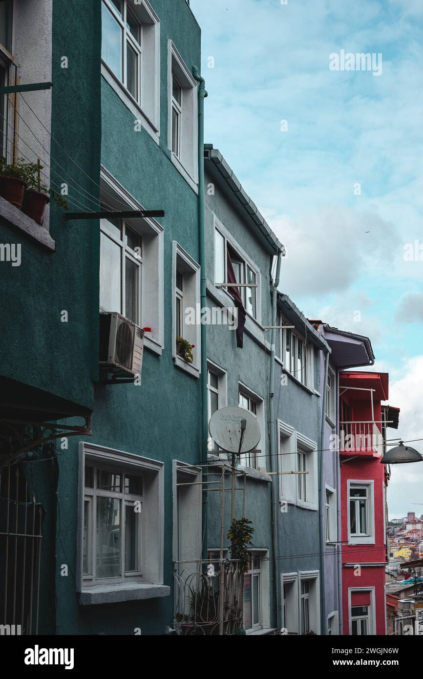 Some vibrant buildings adorn a quiet street in Istanbul, Turkey Stock ...