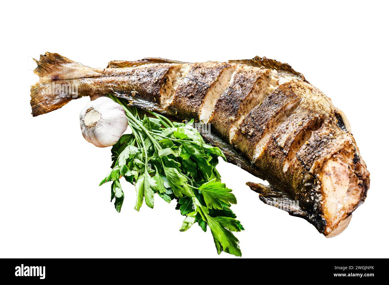 Cooking grilled haddock fish Isolated on white background. Top view ...
