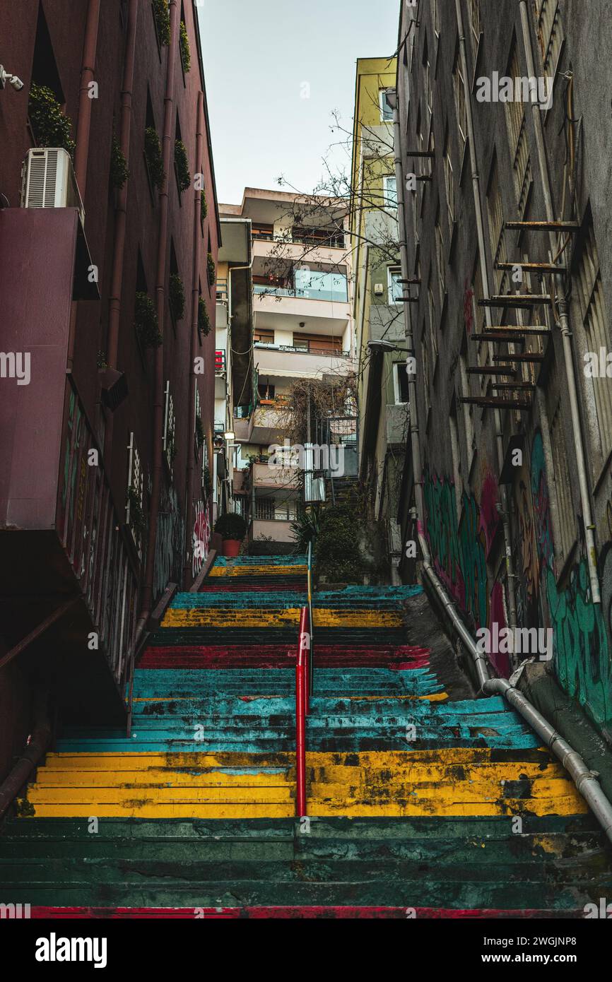 A staircase positioned in the heart of an urban alleyway, guiding ...
