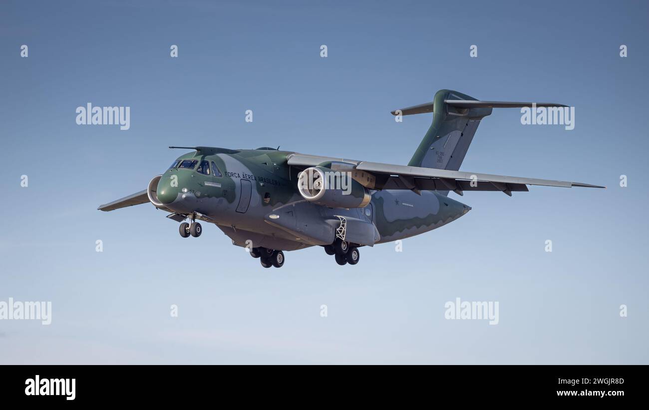 Fairford, UK - 14th July 2022: Brazilan military transport aircraft Embraer KC-390 landing at ...