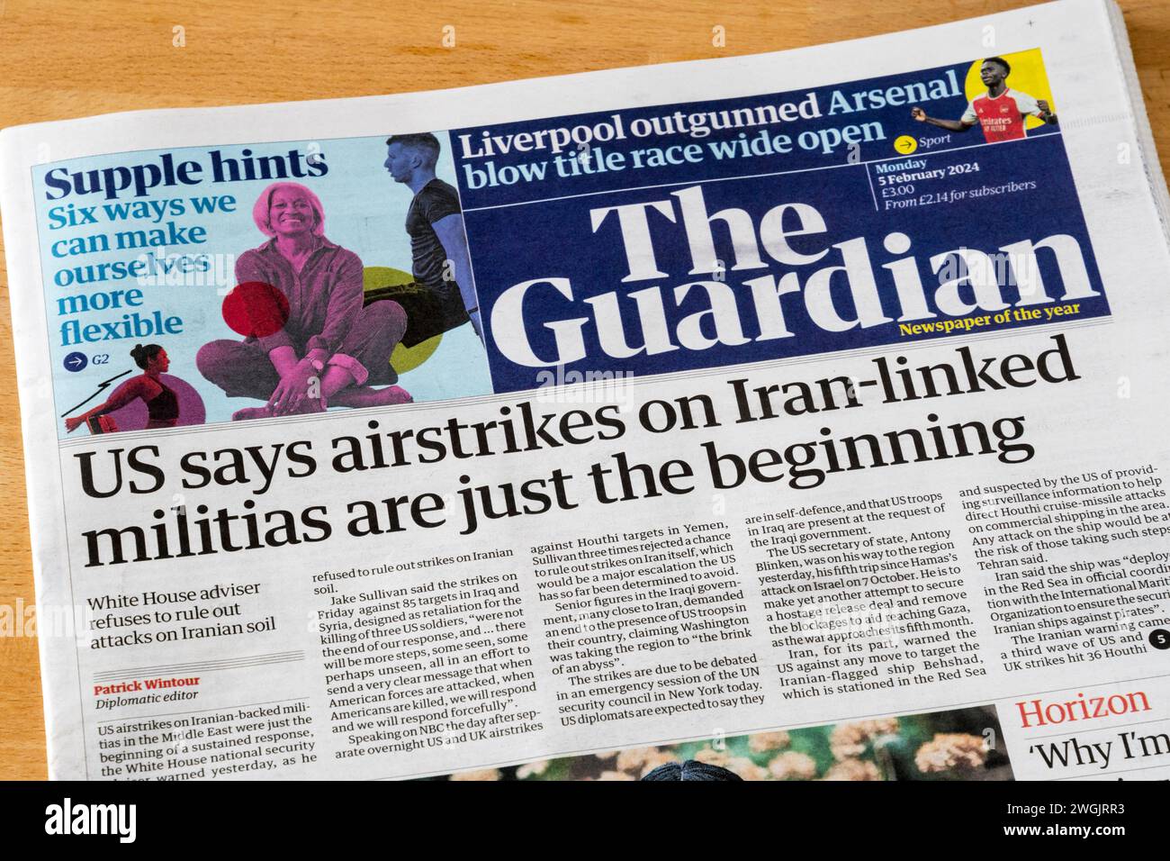 5 February 2024. Guardian headline reads US says airstrikes on Iran ...