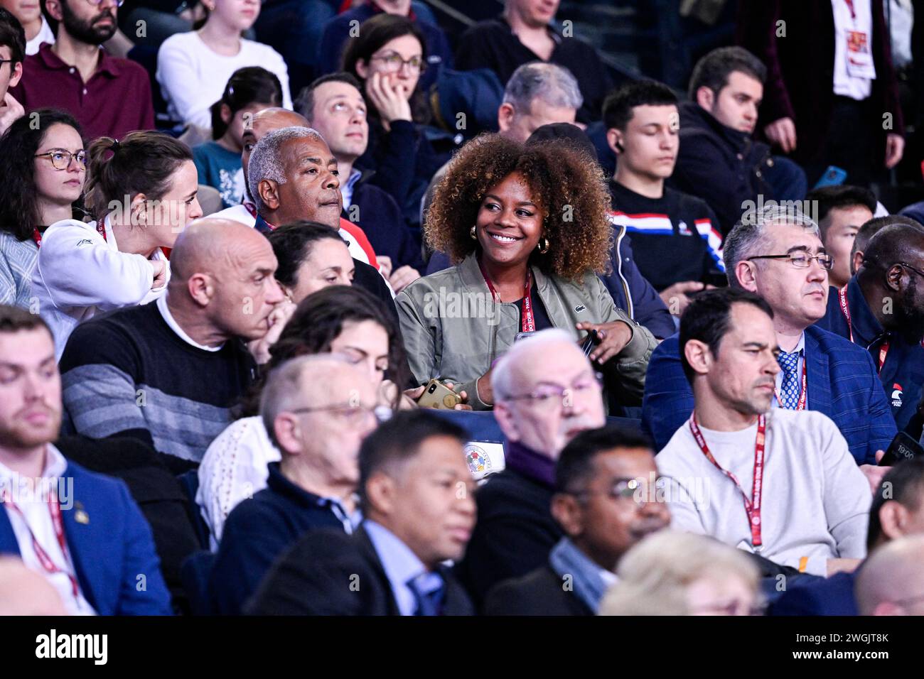 Luthna Plocus wife of Teddy Riner and his father Moise during the Paris ...