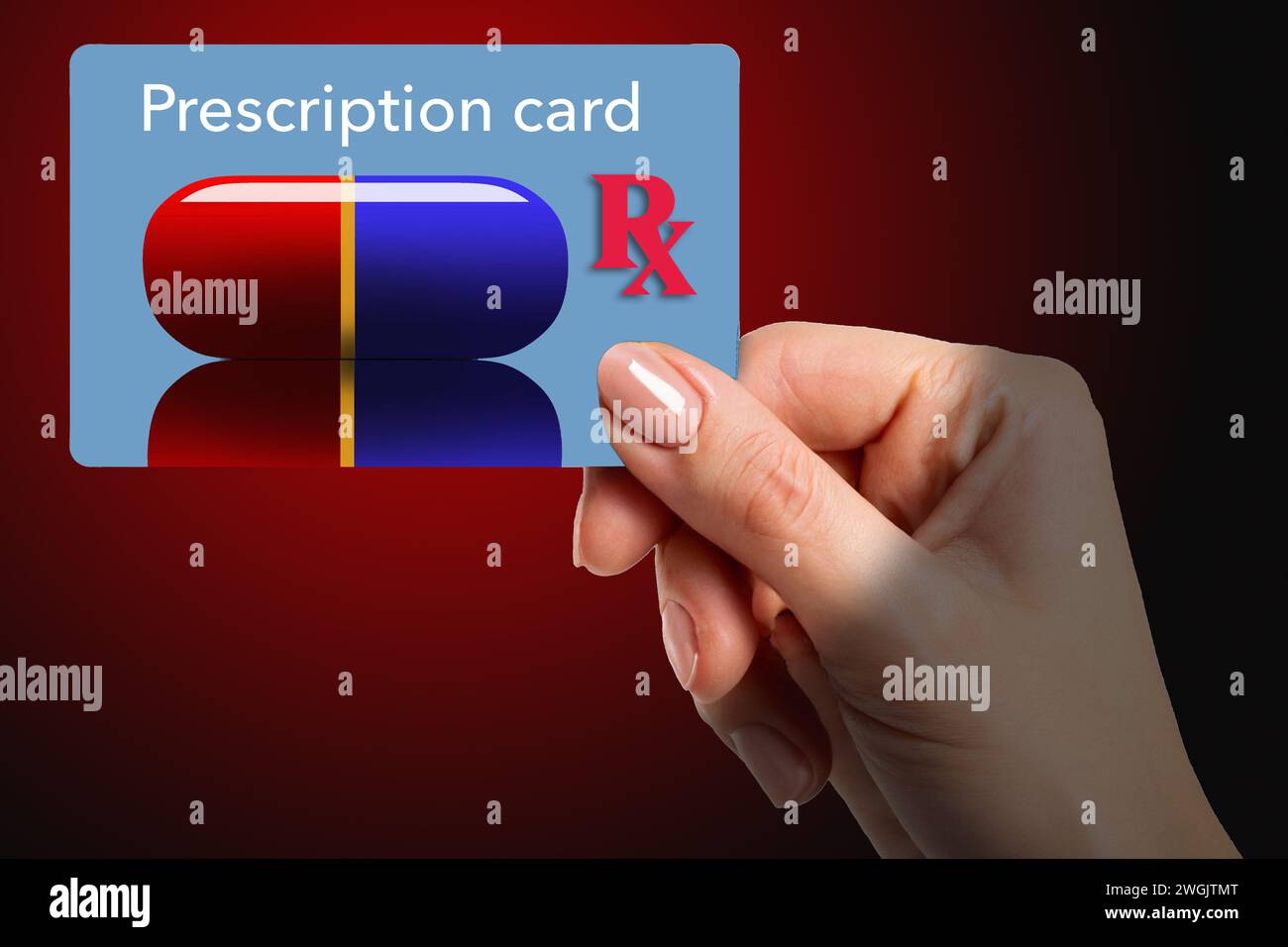A drug prescription card is held in a girl’s hand in a 3-d illustration ...