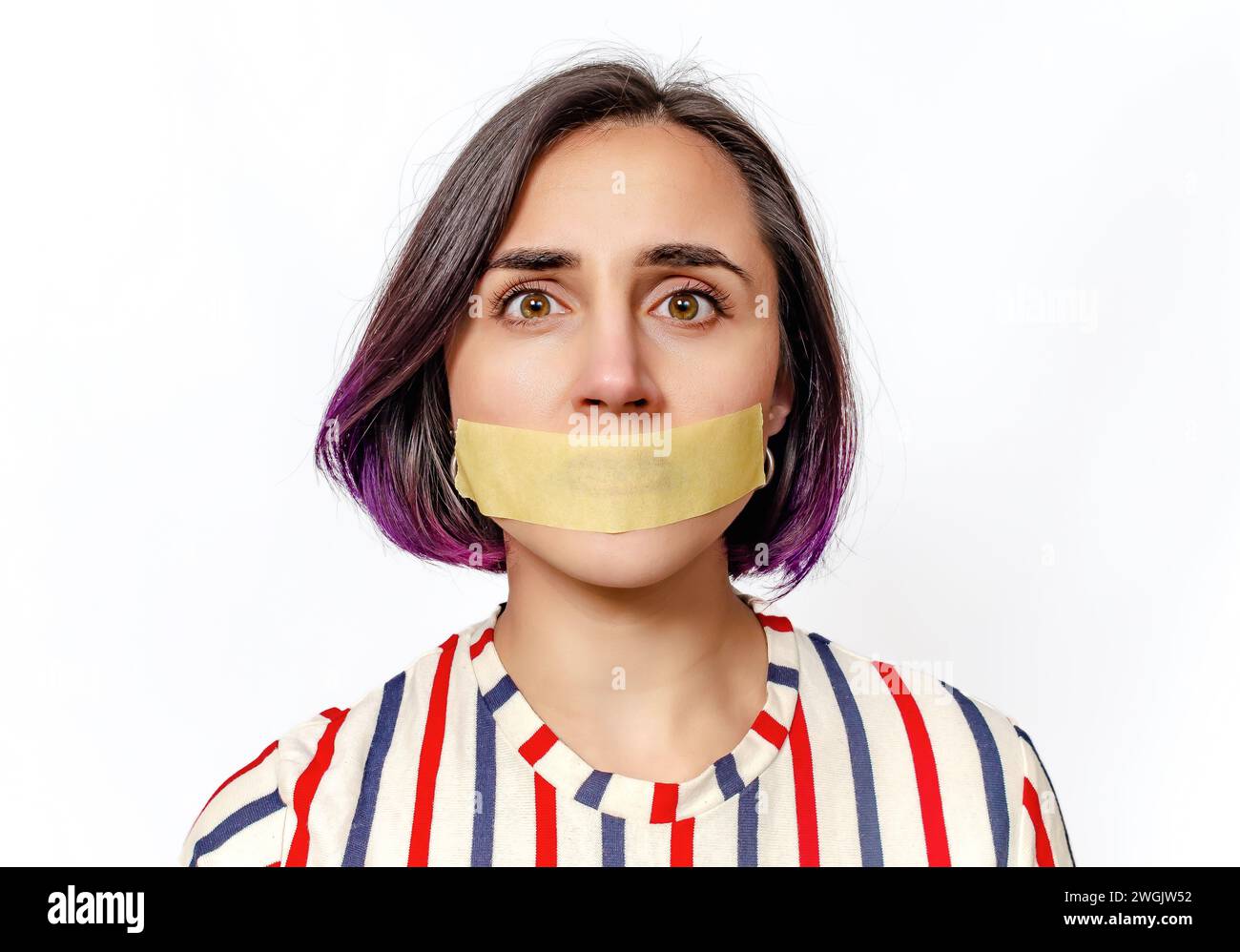 Woman's face with taped mouth. Concept of gender inequality and ...