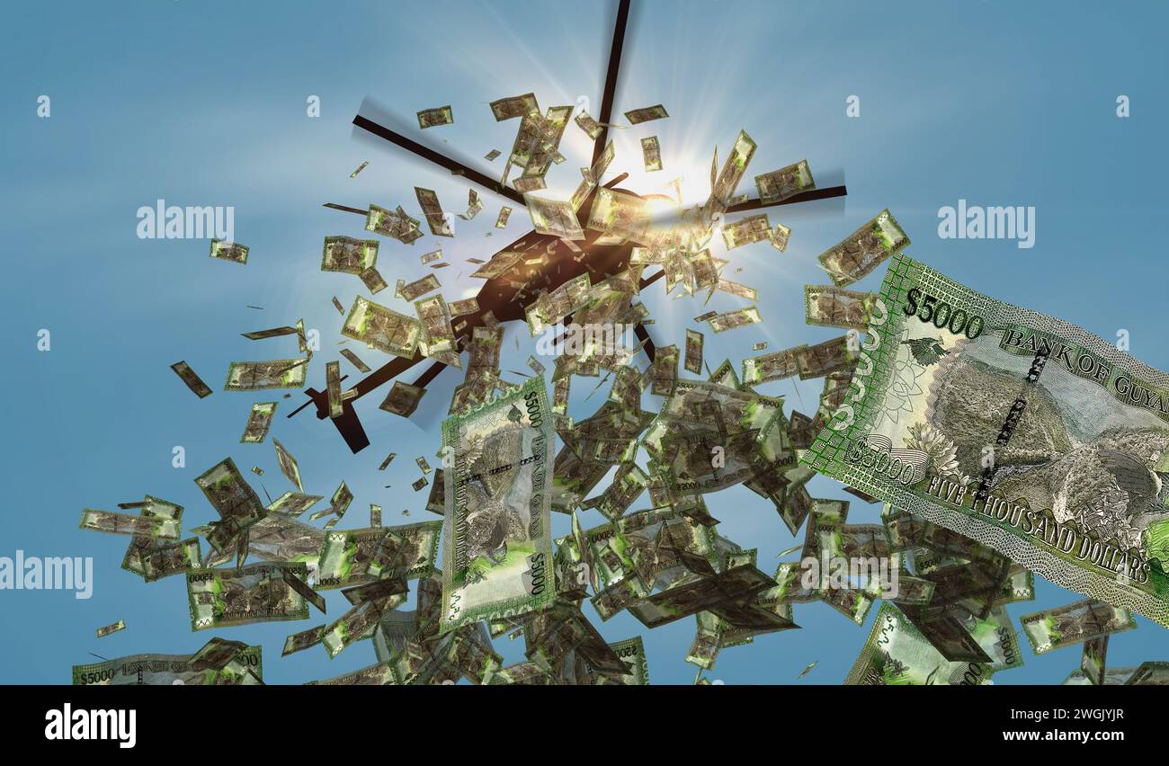 Guyana dollar banknotes helicopter money dropping. Guyanese GYD 5000 ...