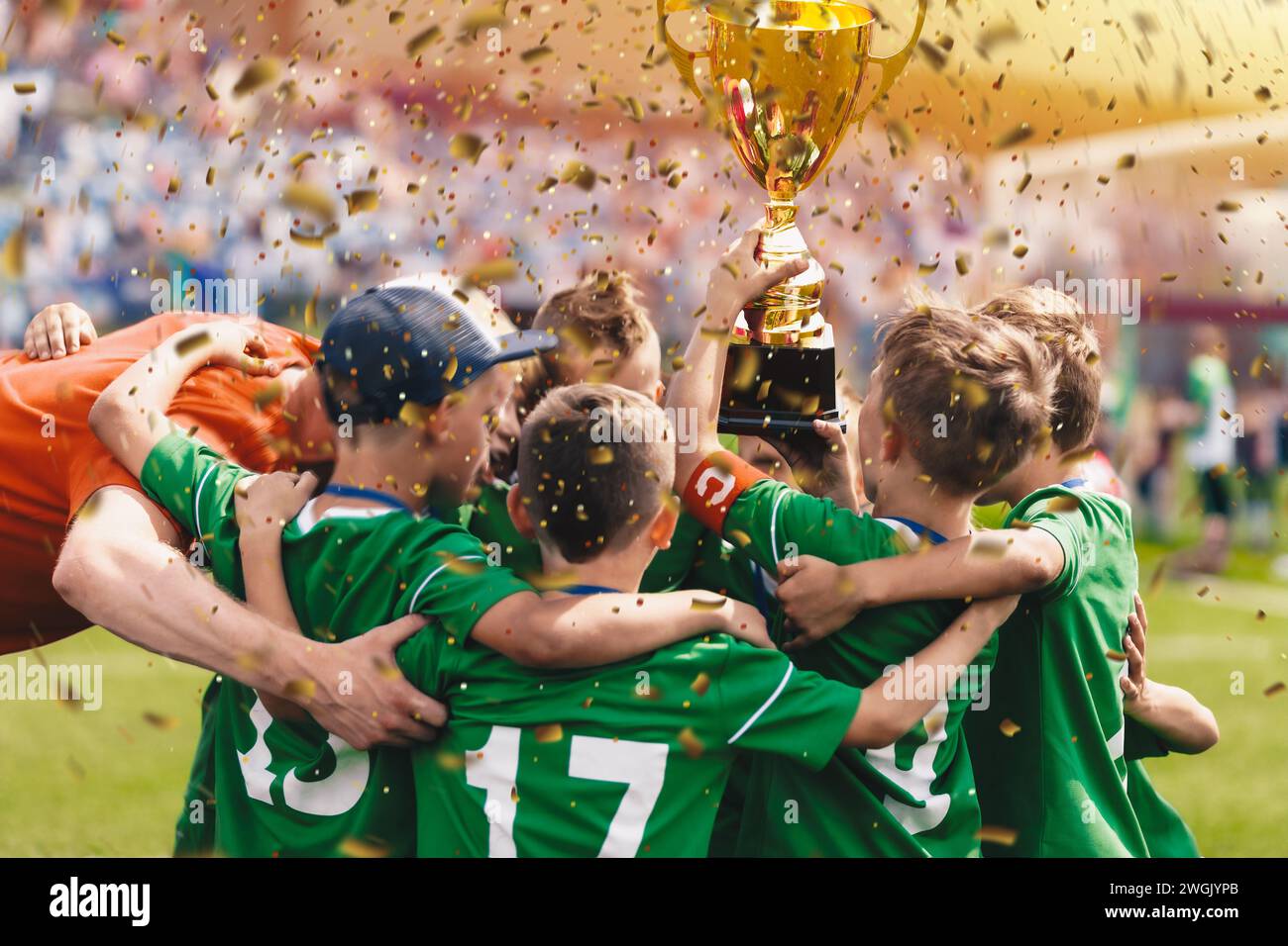 Happy children in sports team celebrating victory. Kids winning the ...