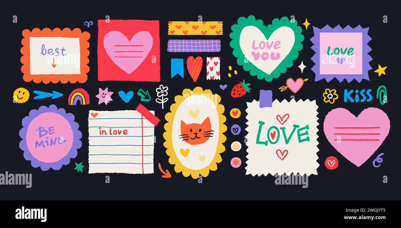 Paper valentine memo notes on stickers. Vector vintage sticky notes and ...