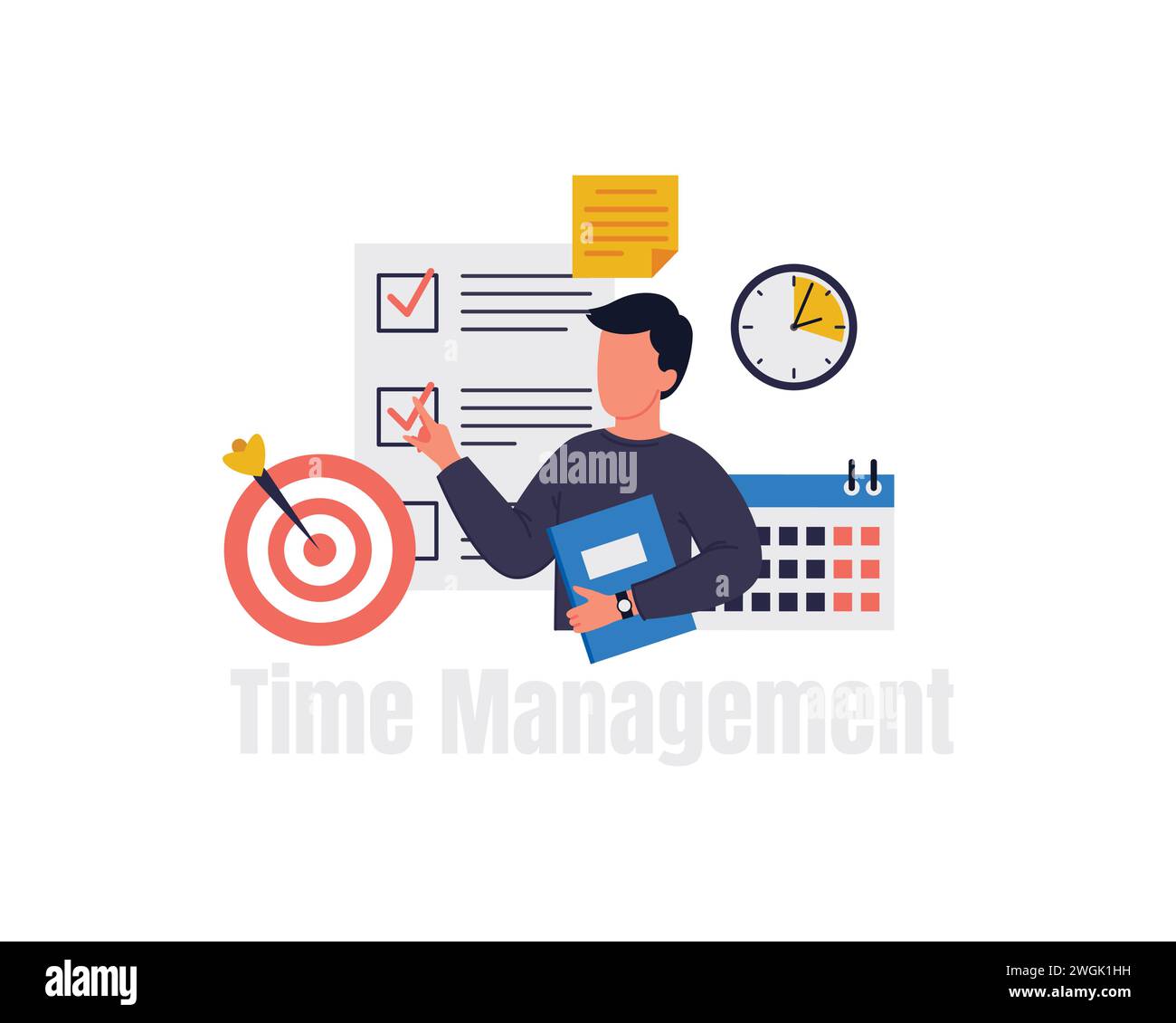 Businessman holding book with clock, calendar, target, checklist. Time ...