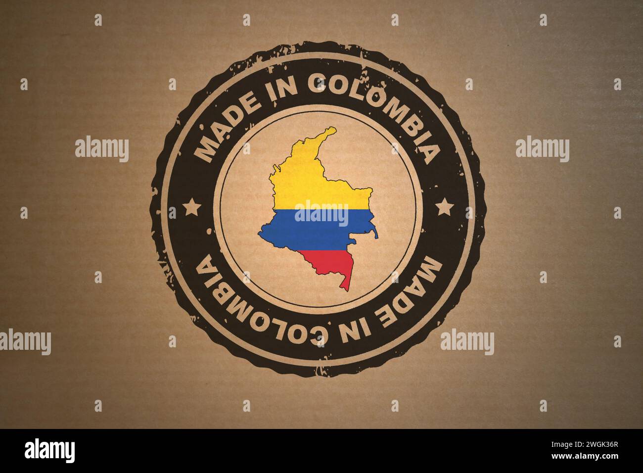 Brown paper with in its middle a retro style stamp Made in Colombia ...