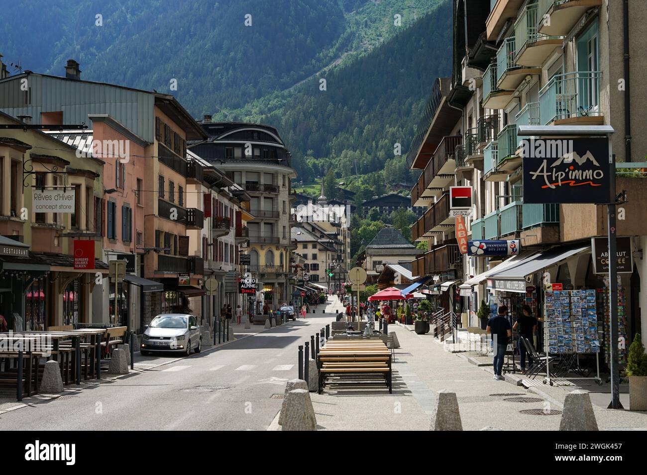 Chamonix, France - June 15 2021: Historic town centre with restaurants ...