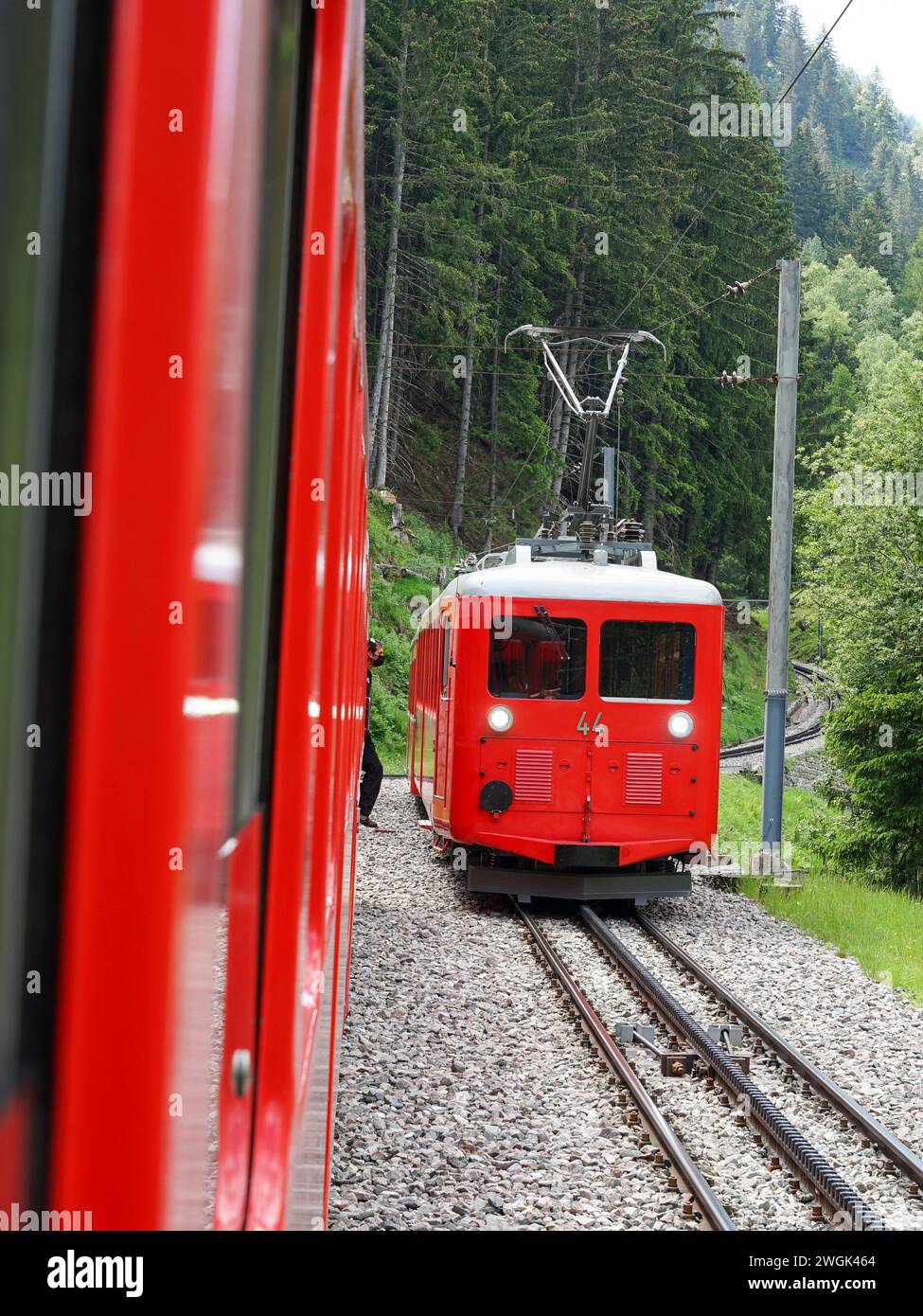 Chamonix, France - June 15 2021: Historic red cogwheel train connecting ...