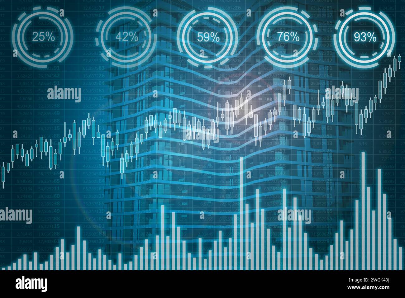 Glowing virtual screen with spreadsheet, stock and percentage charts on ...