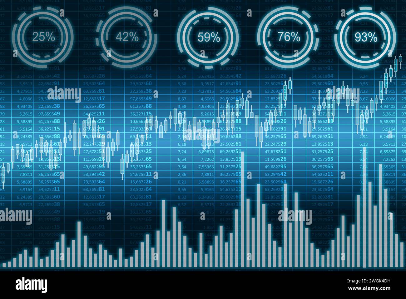 Glowing virtual screen with spreadsheet, stock data and percentage ...