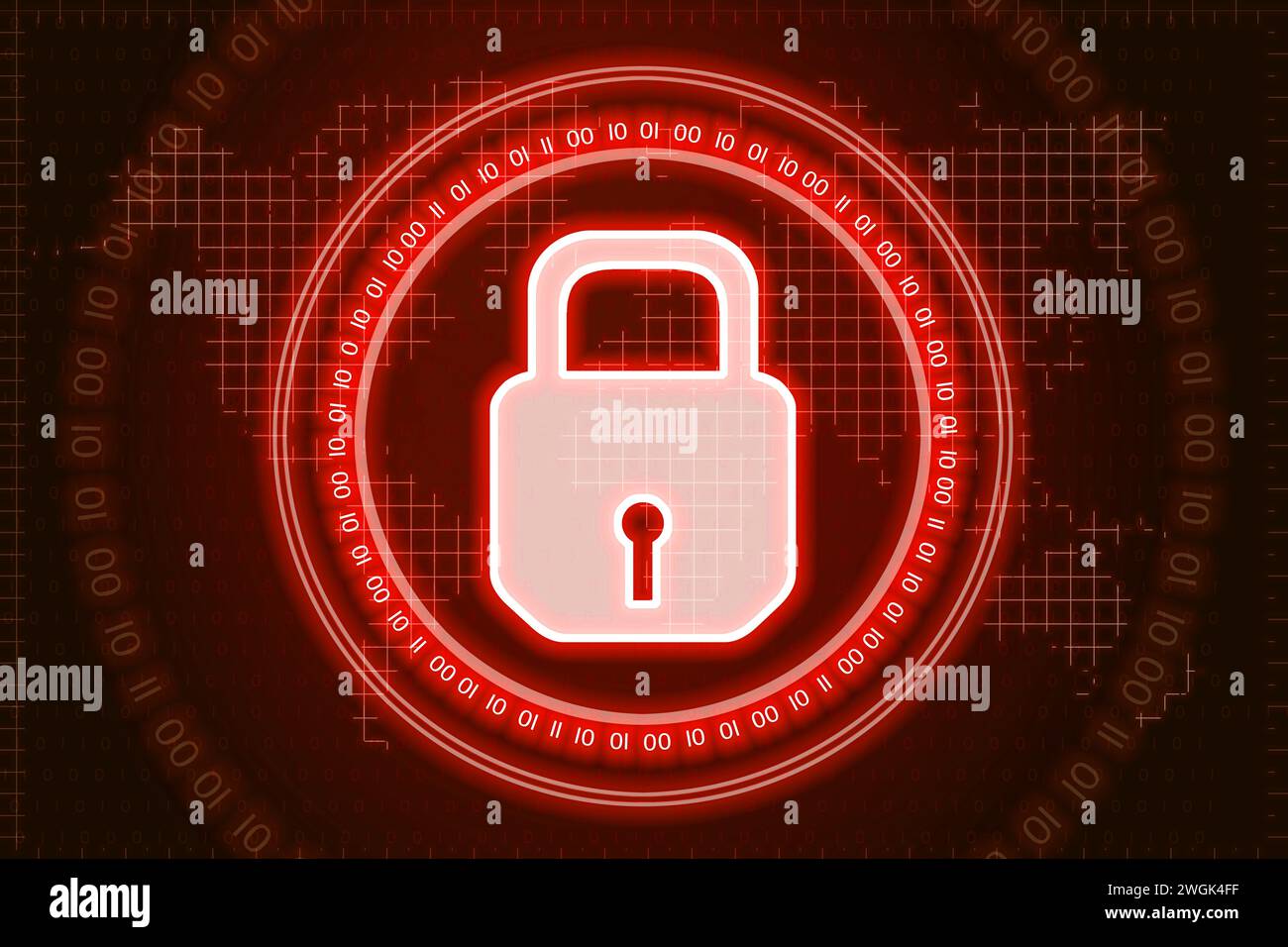Digital red lock icon interface with circle binary numders and world map. Cyber security ...