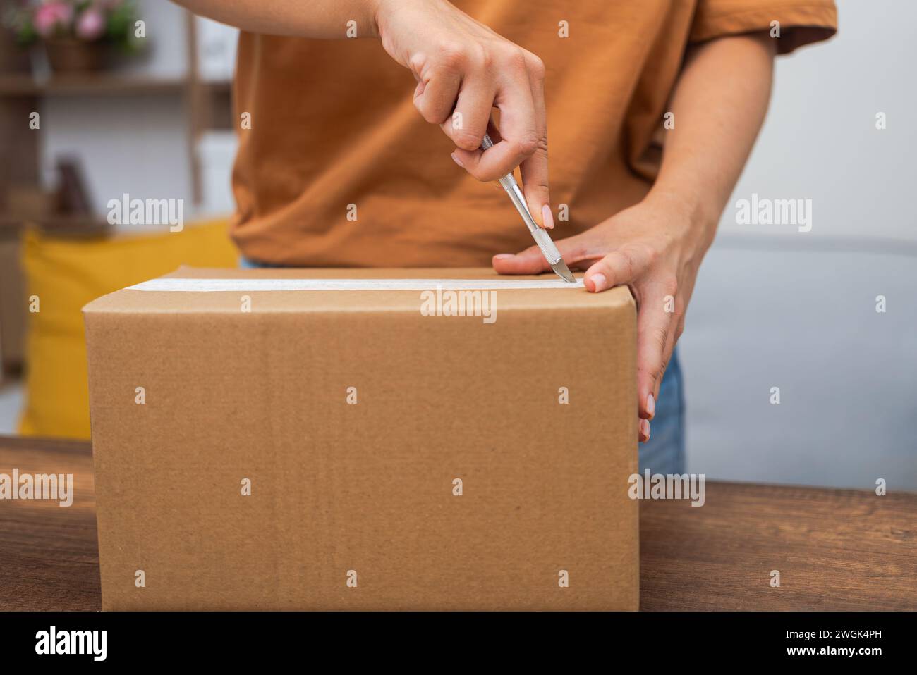 A young lady use utility knife to open package mock up , unboxing the ...