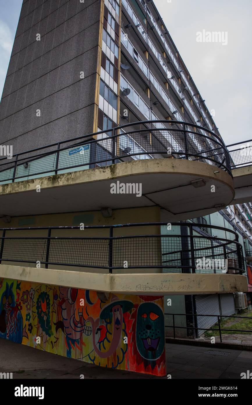 London, UK. 27th April 2023. A walkway for a Taplow housing block at ...