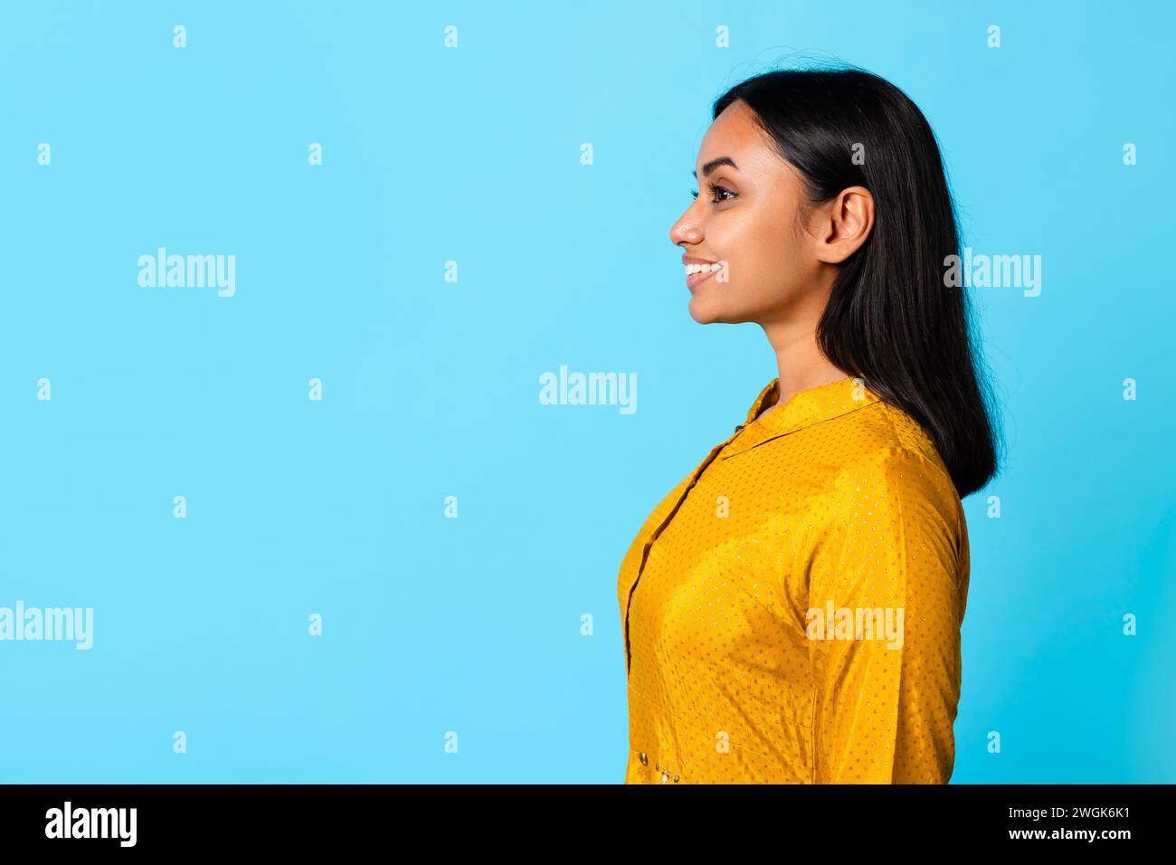 Side View Portrait Of Smiling Indian Young Lady Looking Aside Stock ...