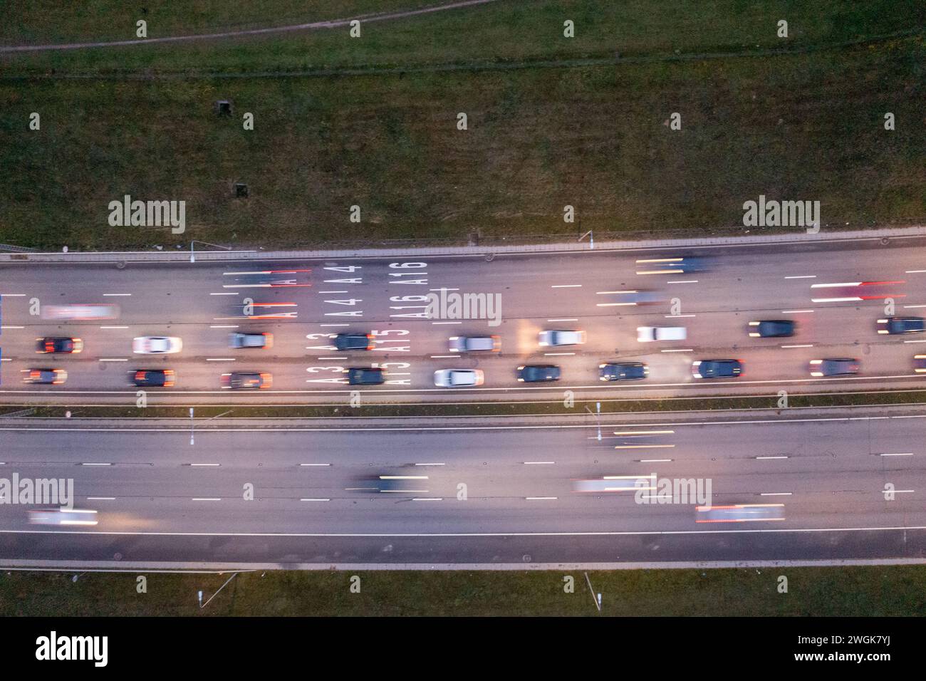 Drone photography of high intensity road traffic in a city during ...