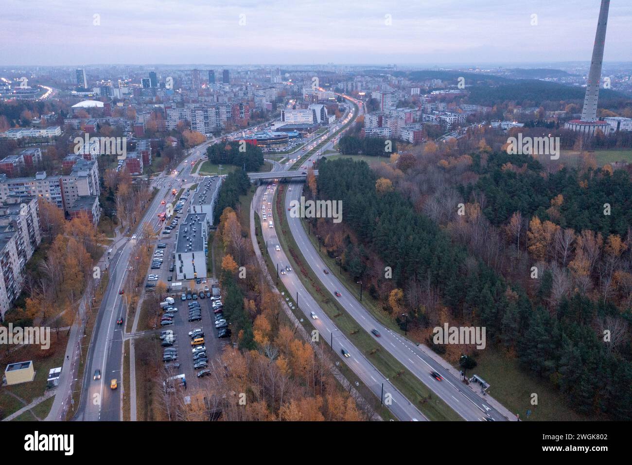 Drone photography of high intensity road traffic in a city during ...