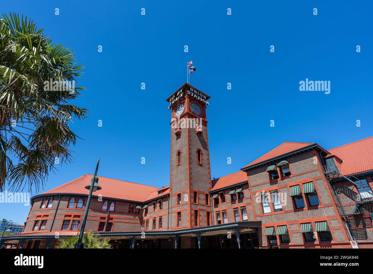 A wide-angle photo of the front of Portland Union Station which ...