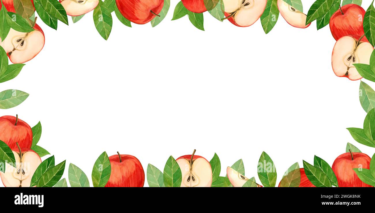 Rectangular frame made of fruits. Watercolor elements red apple and ...