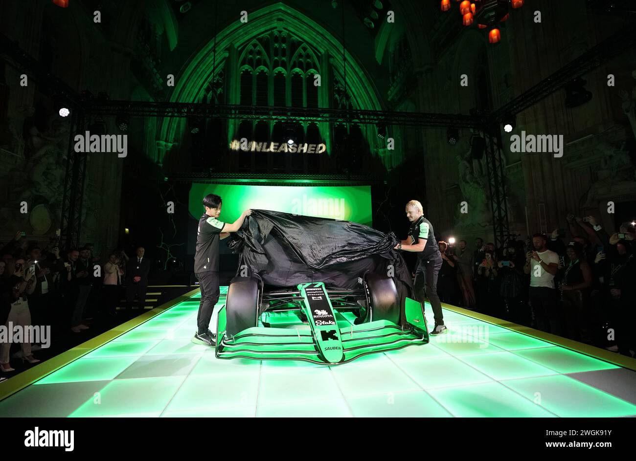 Stake F1 Team drivers Zhou Guanyu (left) and Valtteri Bottas unveil the Stake F1 Team C44 car ...