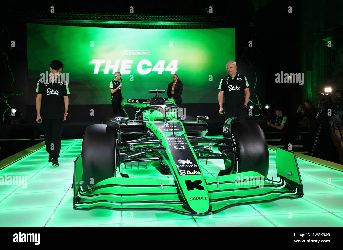 Stake F1 Team drivers Zhou Guanyu (left) and Valtteri Bottas unveil the Stake F1 Team C44 car ...