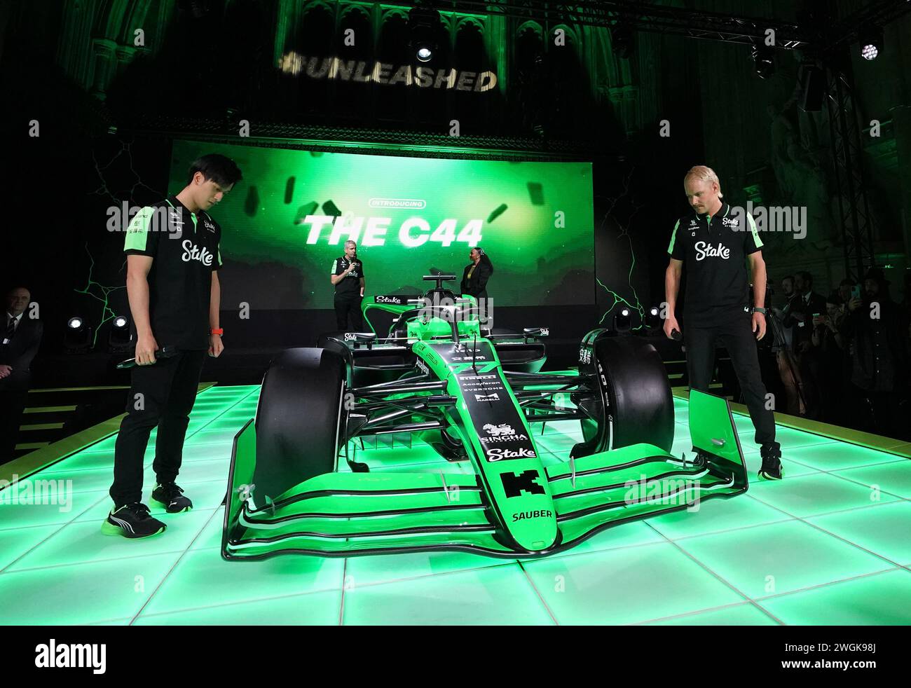 Stake F1 Team drivers Zhou Guanyu (left) and Valtteri Bottas unveil the Stake F1 Team C44 car ...