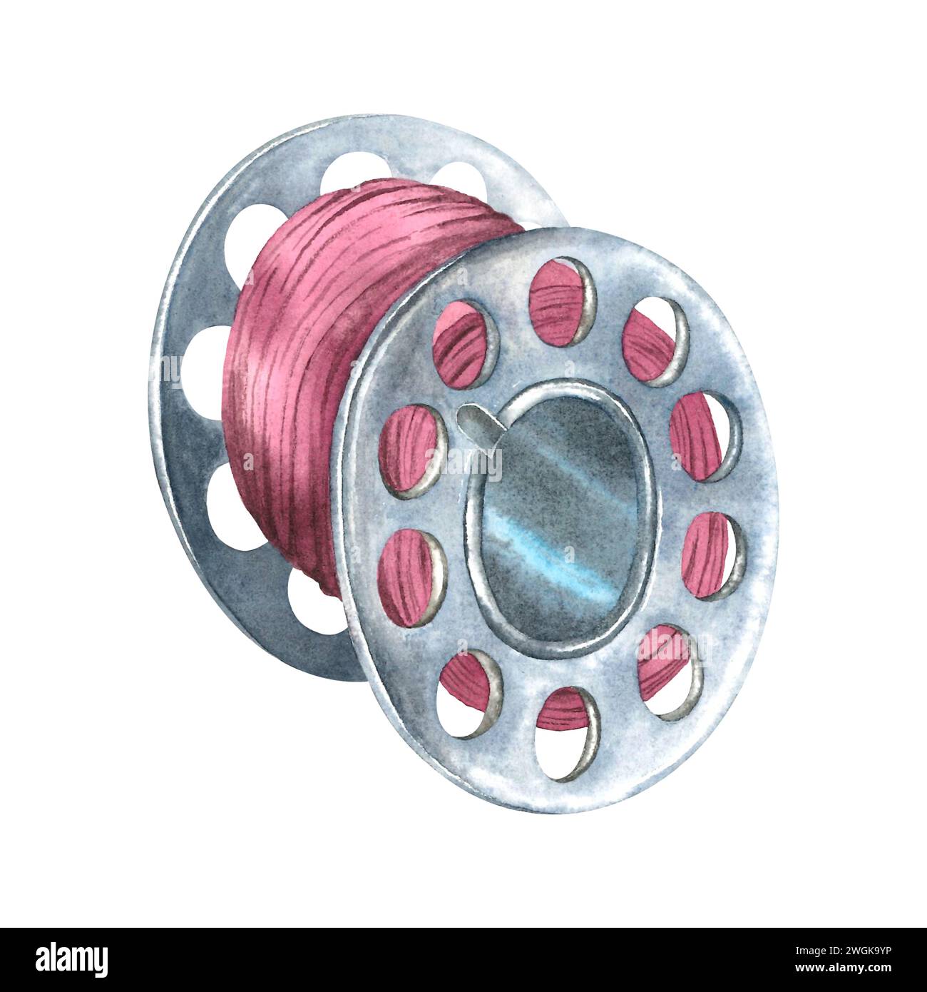 Bobbin for a sewing machine with pink threads. Hand drawn watercolor ...