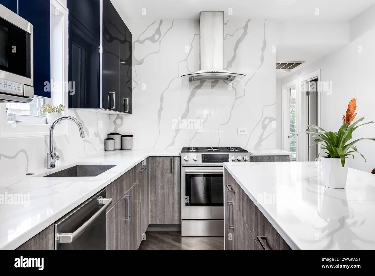 A modern kitchen detail with glossy blue and wood cabinets, stainless ...