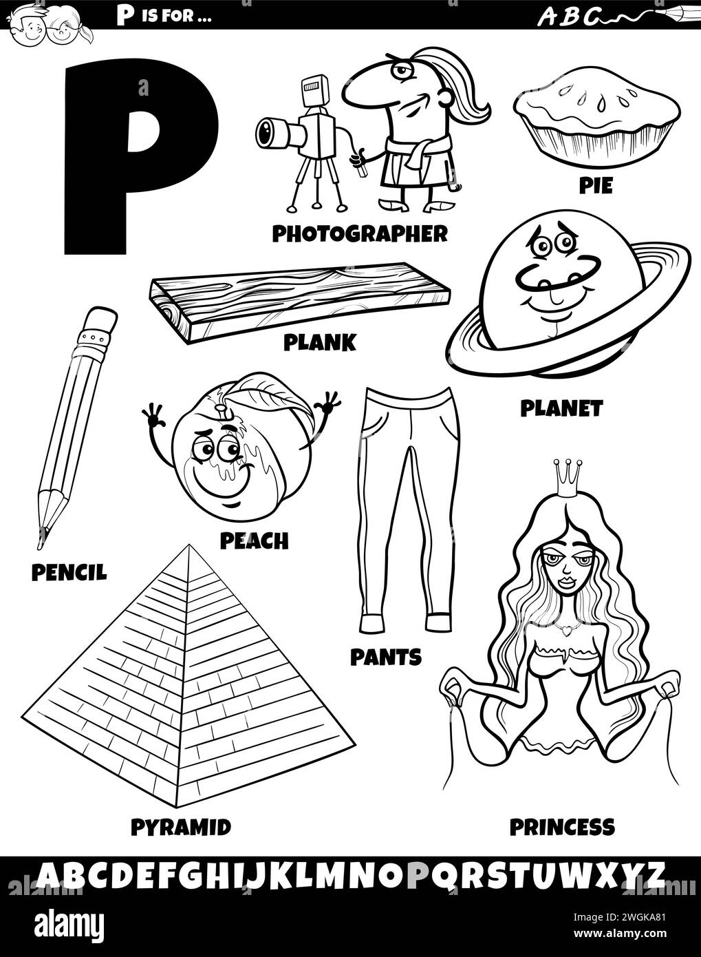 Cartoon illustration of objects and characters set for letter P ...
