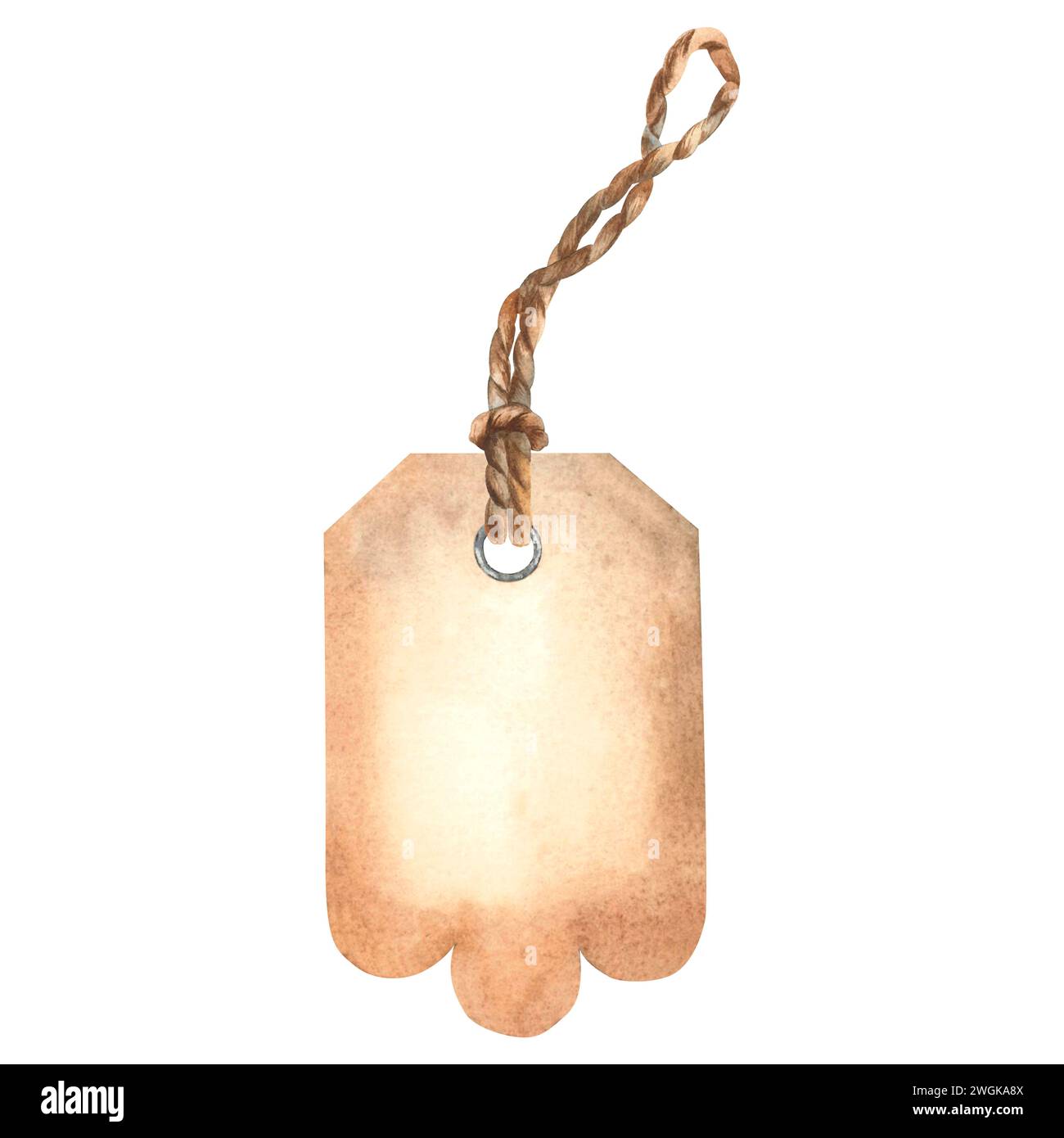 Rectangular craft paper tag on a rope. Hand drawn watercolor ...