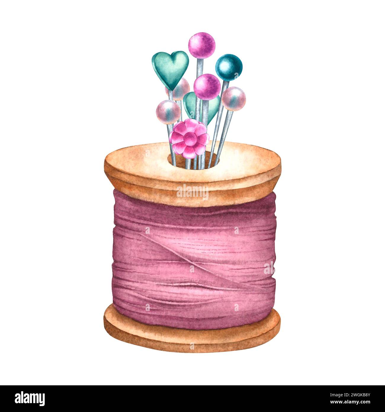 Wooden spool of thread with pink and green plastic head pins. Hand ...