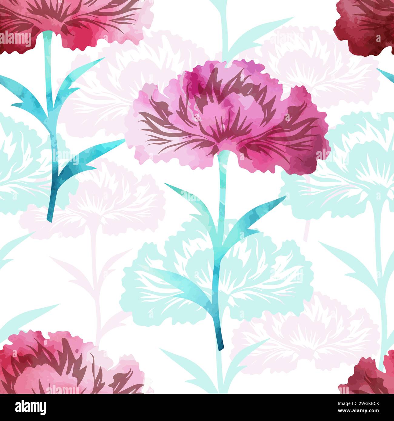 Carnation pink flowers watercolor seamless pattern. hand drawing. Not ...