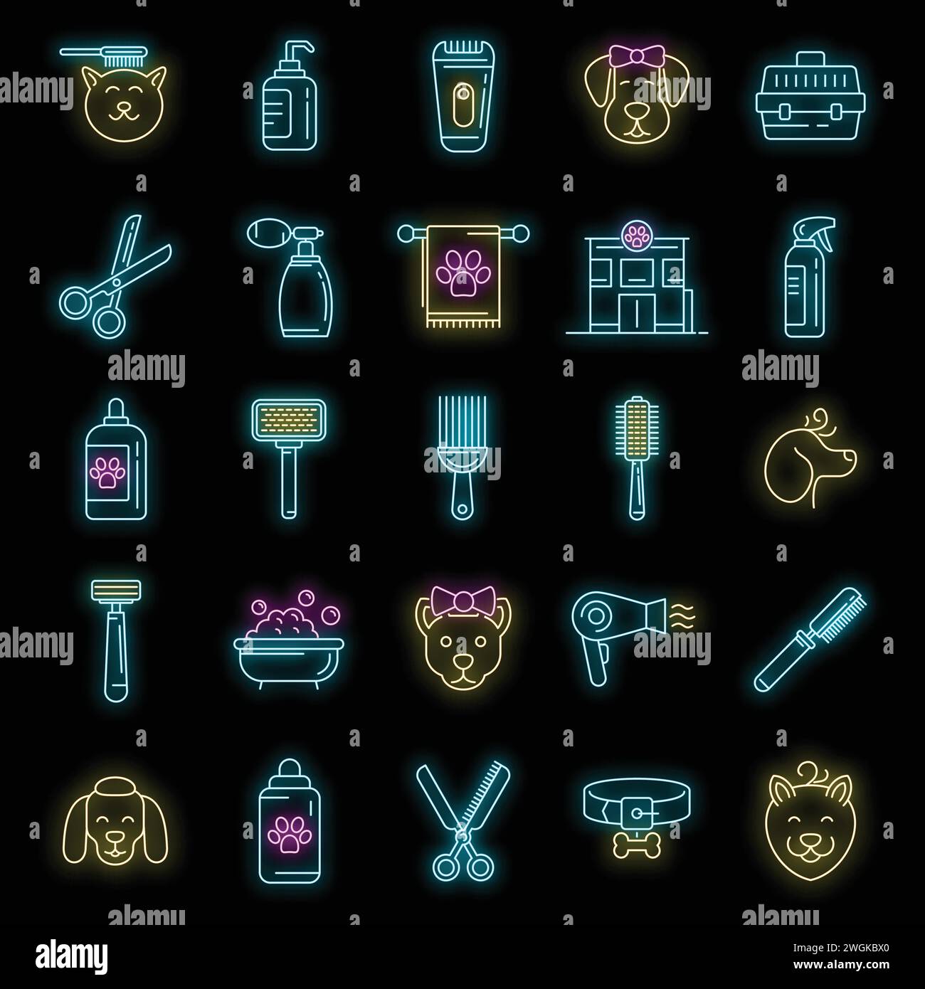 Groomer icons set. Outline set of groomer vector icons neon color on ...